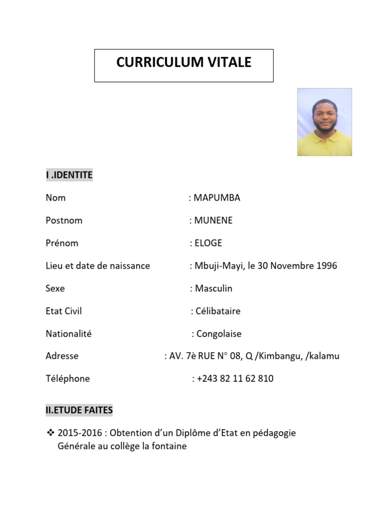 Curriculum Vitae d'Eloge Mapumba | PDF