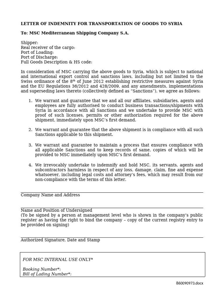 Indemnity Letter for Syria Shipment | PDF