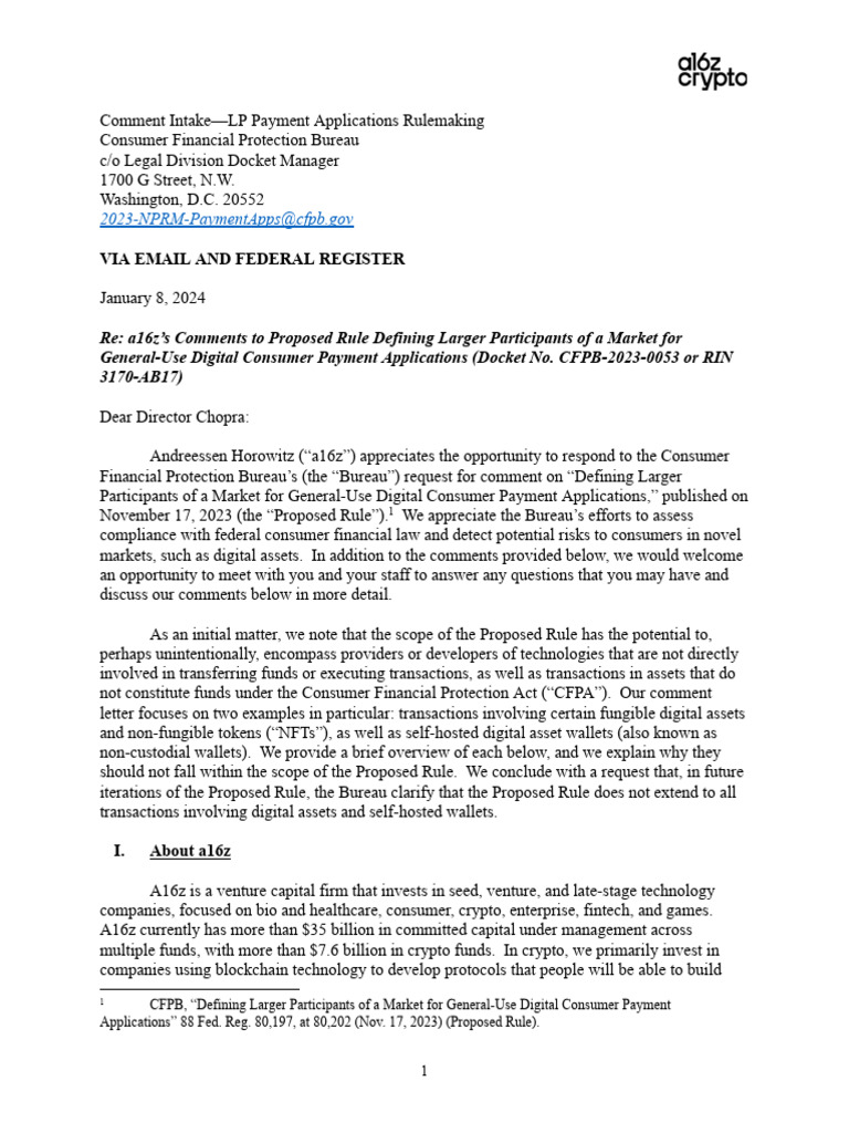 Andreessen Horowitz A16z Response To CFPB 01.08.2024 Docket No. CFPB 2023 0053 or RIN 3170 AB17 ...