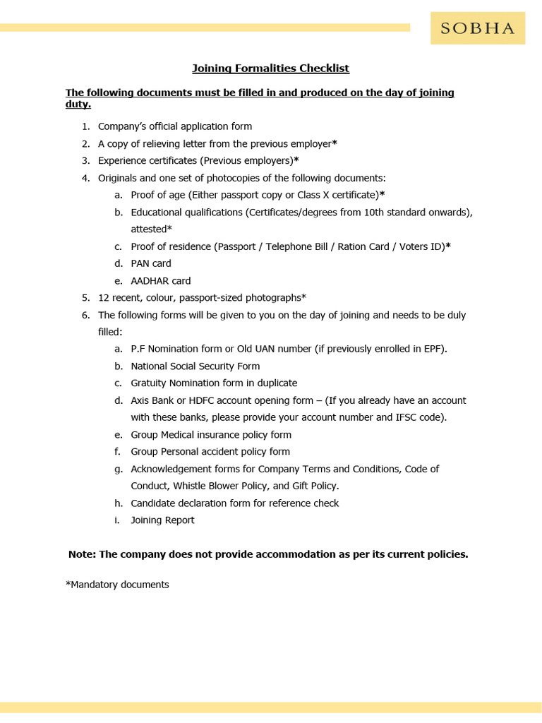 Employee Joining Formalities Checklist | PDF