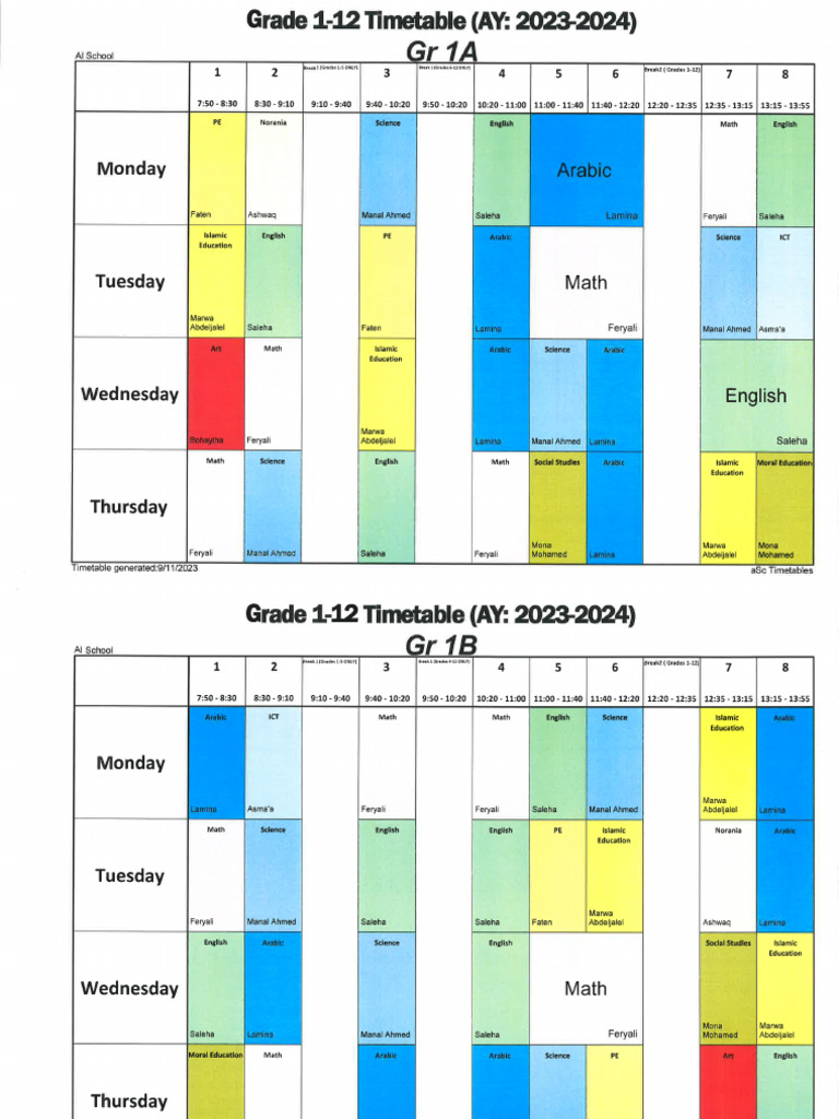 Timetable 1-12 | PDF