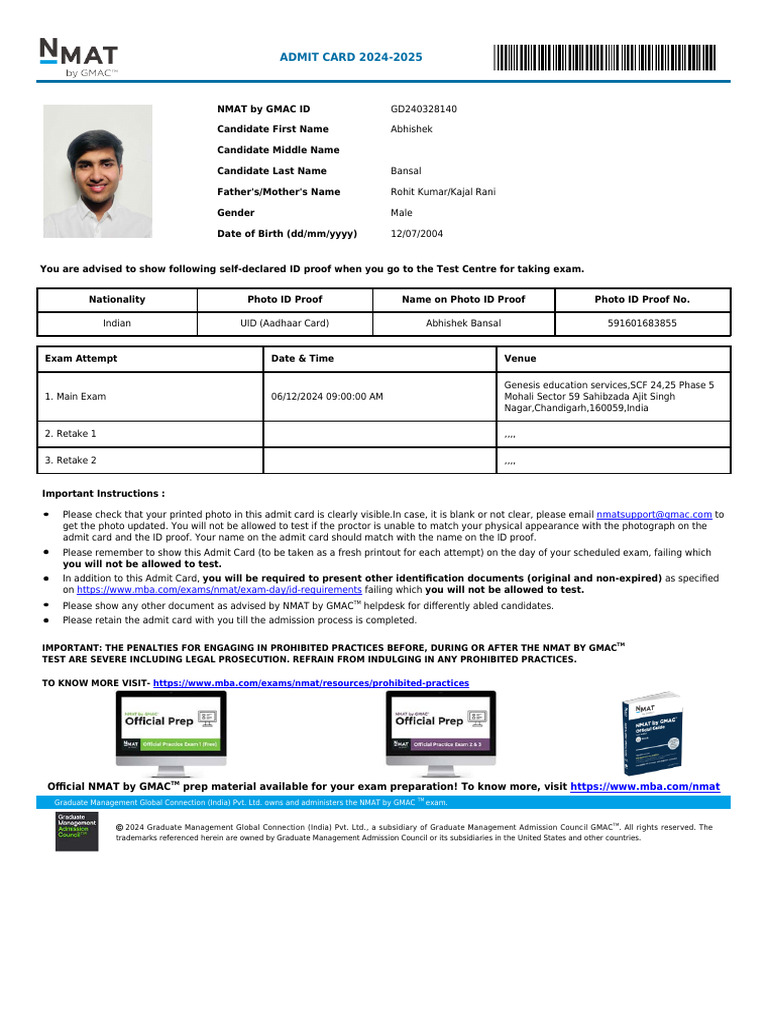 Nmat Admit Card | PDF | Government And Personhood | Access Control