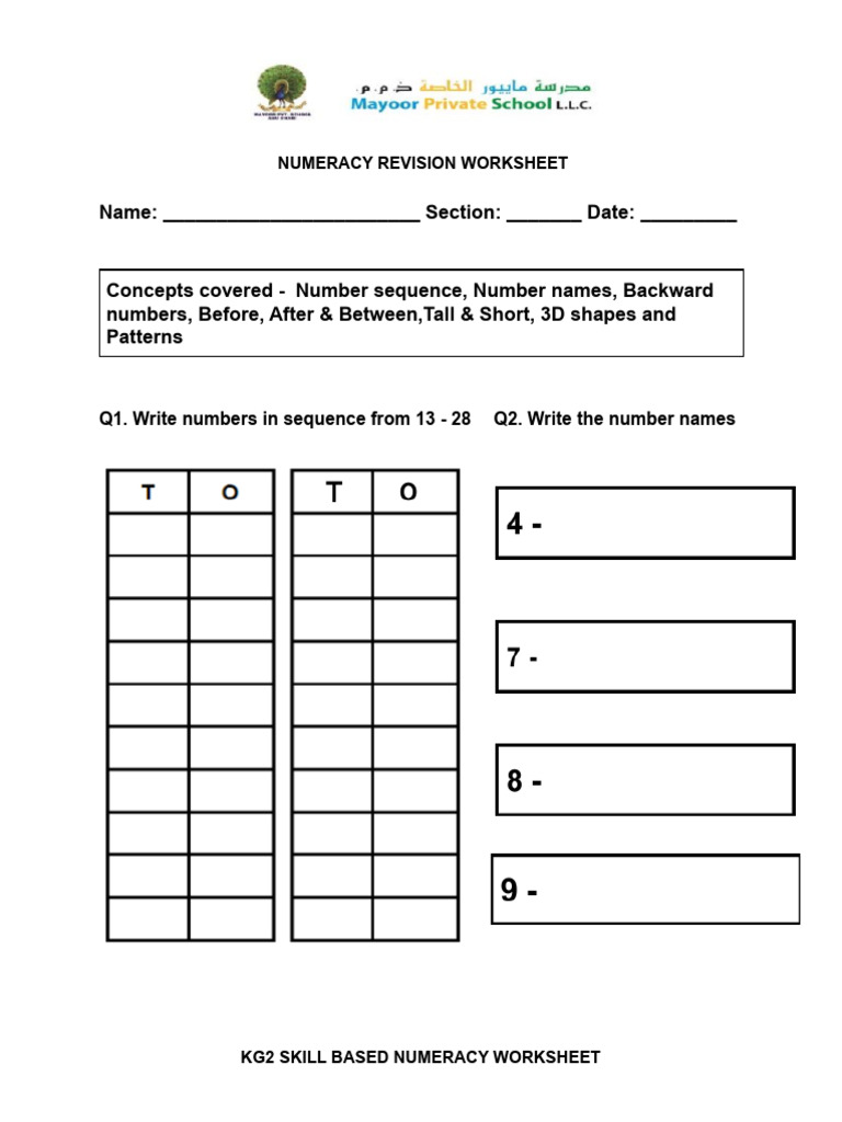 KG2 Numeracy Skills Revision Worksheet | PDF
