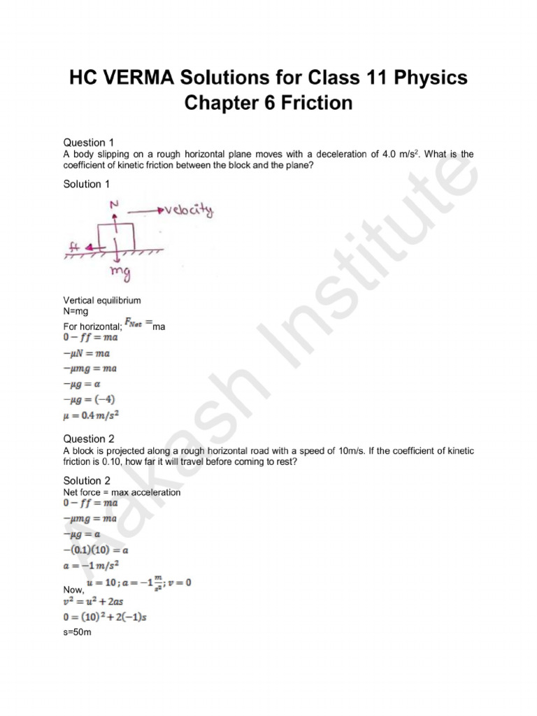 HC VERMA Solutions For Class 11 Physics Chapter 6 Friction - Image-Only Version | PDF