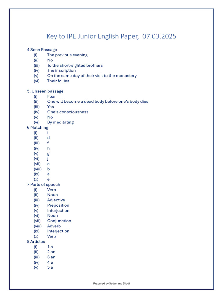 IPE Junior English Paper Key 2025 | PDF | Languages | Foreign Language ...