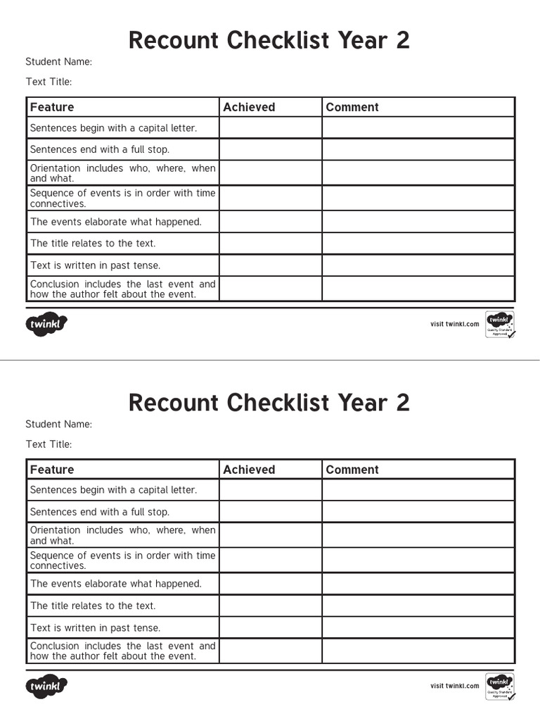 Year 2 Recount Writing Checklist | PDF
