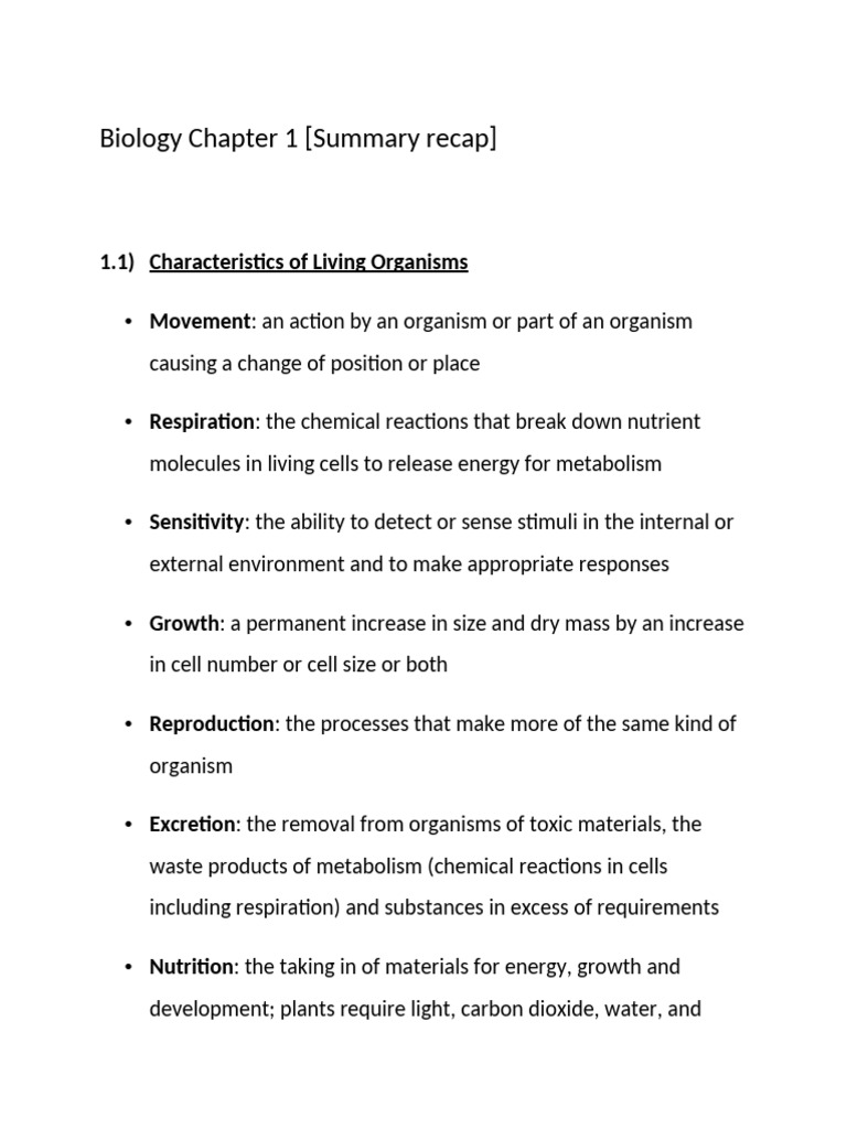 Biology Chapter 1 Recap | PDF | Cellular Respiration | Sexual Reproduction