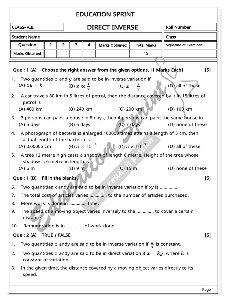 Direct Inverse Worksheet | PDF | Length | Quantity