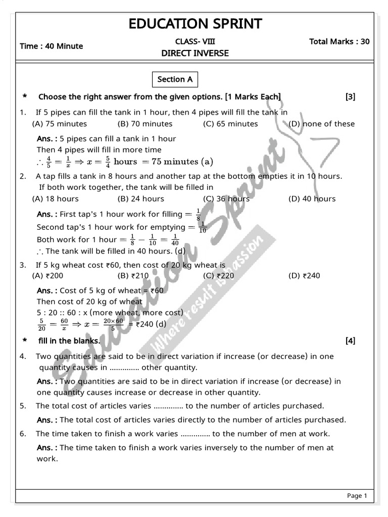Math Review: Direct and Inverse Variation | PDF