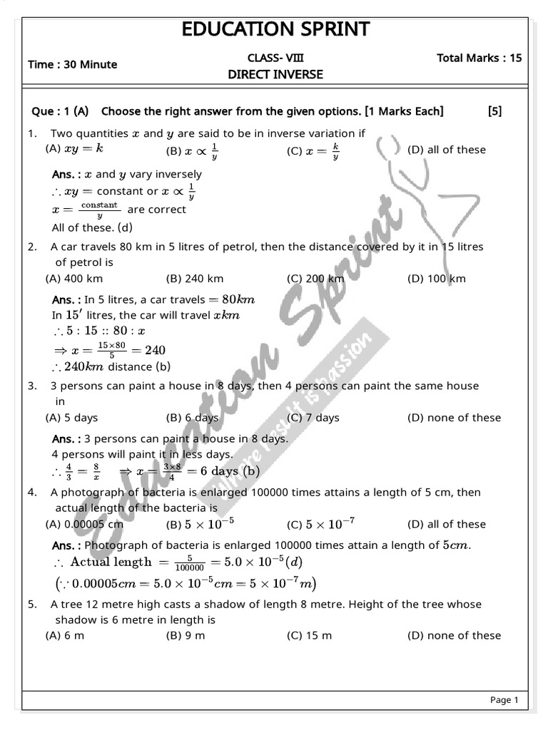Inverse and Direct Variation Exercises | PDF