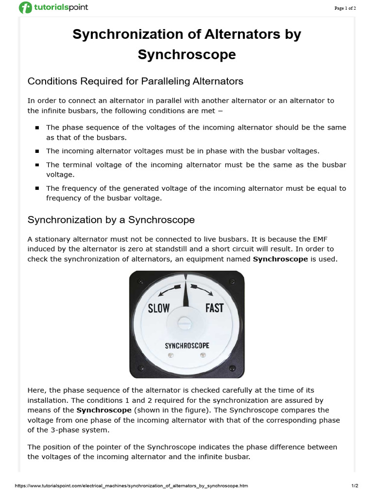Synchronization of Alternators by Synchroscope | PDF | Power Engineering | Electrical Components