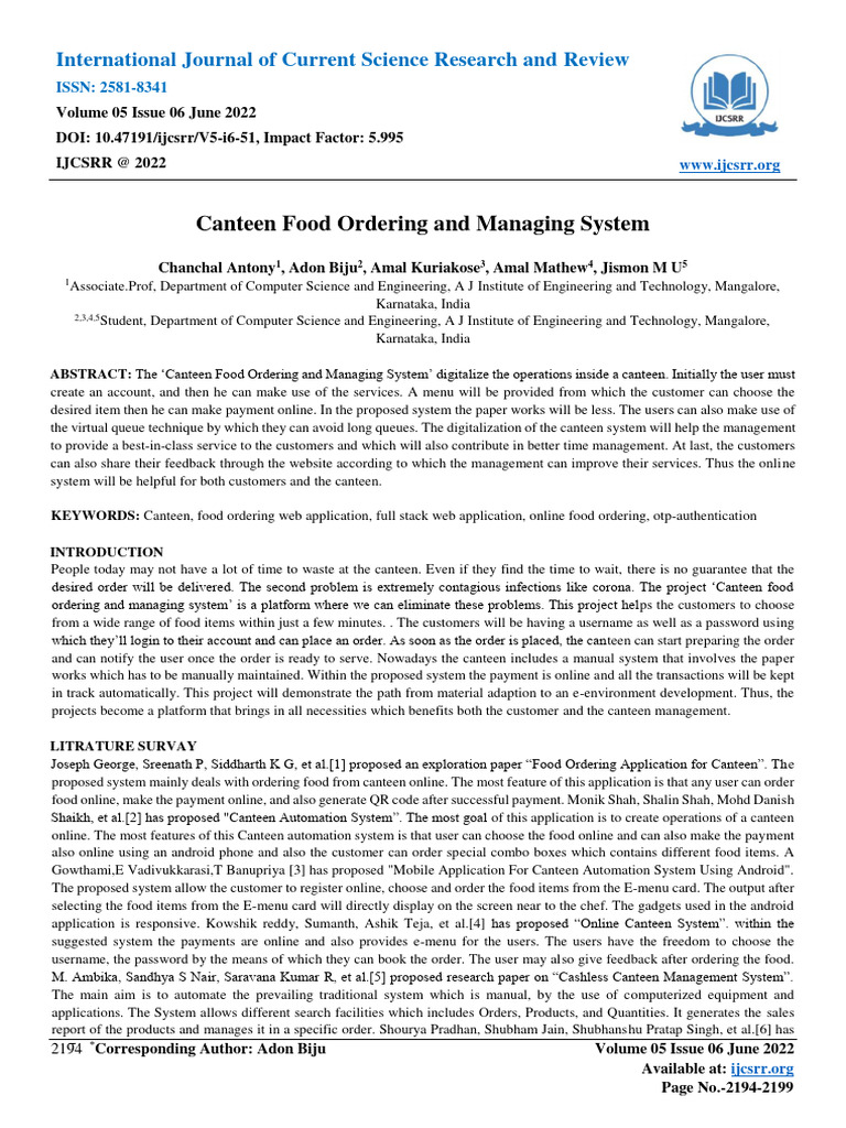 Canteen Food Ordering and Managing Syste | PDF | User (Computing ...