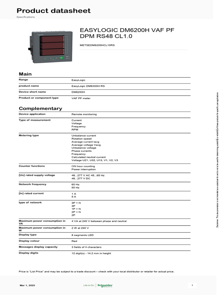 EasyLogic DM6200H VAF PF Meter Specs | PDF | Alternating Current ...