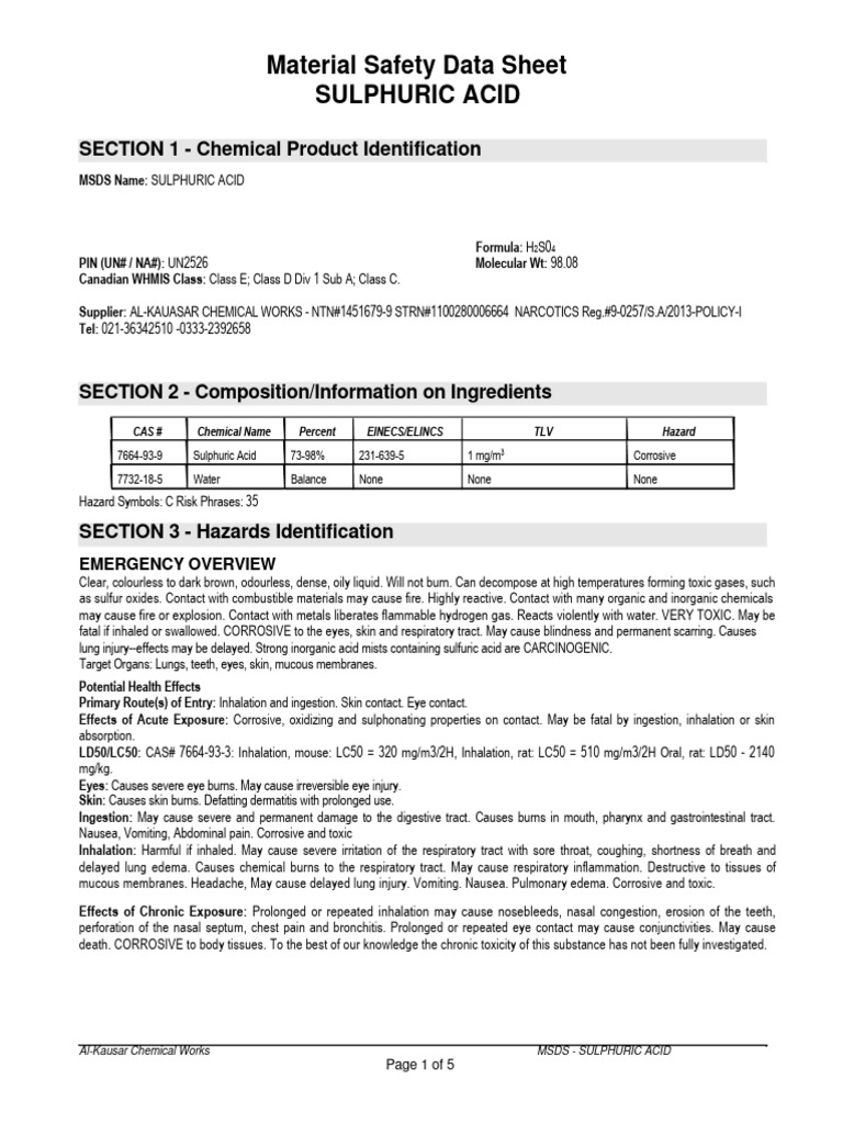 Msds-Sulphuric Acid H2so4 | PDF | Sulfuric Acid | Personal Protective Equipment