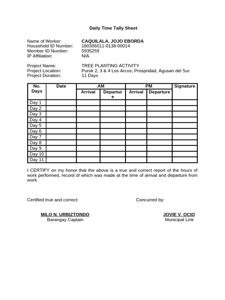 Daily Time Tally Sheet | PDF