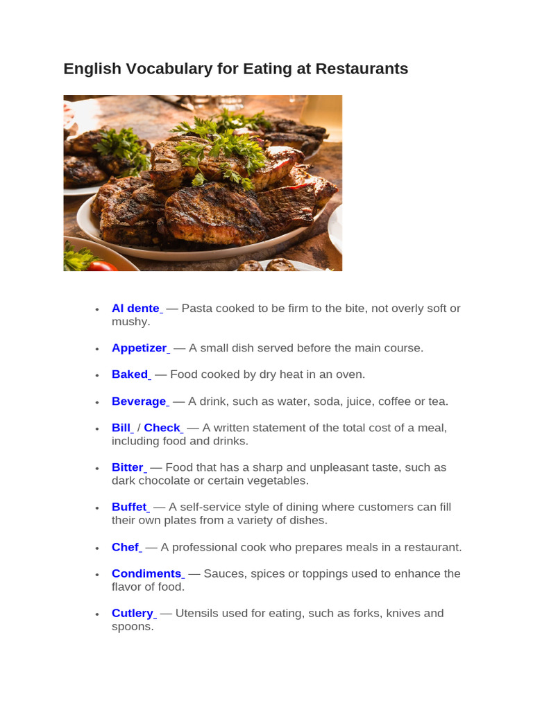English Vocabulary for Eating at Restaurants | PDF | Tableware ...