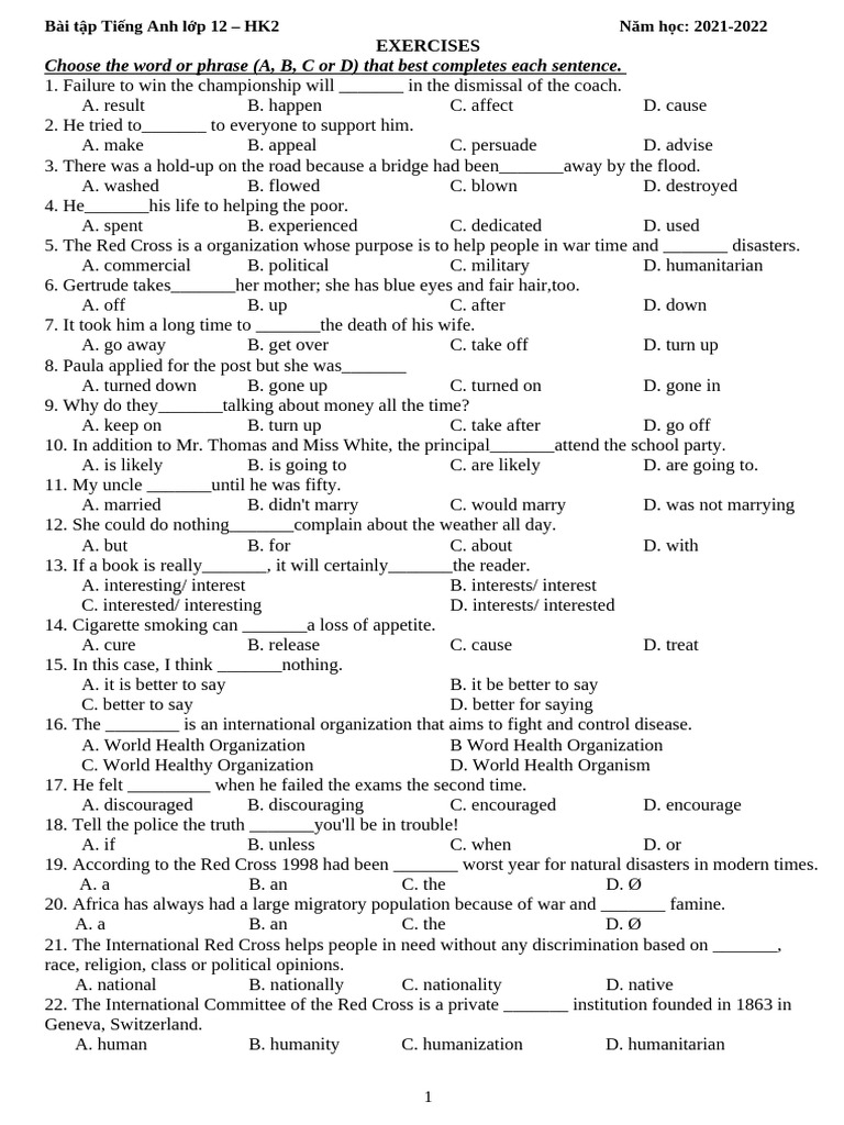 EXERCISES LOP 12A2 NGAY 3-3-2022 sau kt toi | PDF | International Red Cross And Red Crescent ...