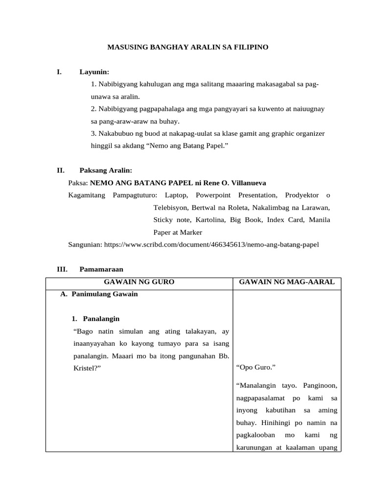 Masusing Banghay Aralin Sa Filipino Pinal | PDF