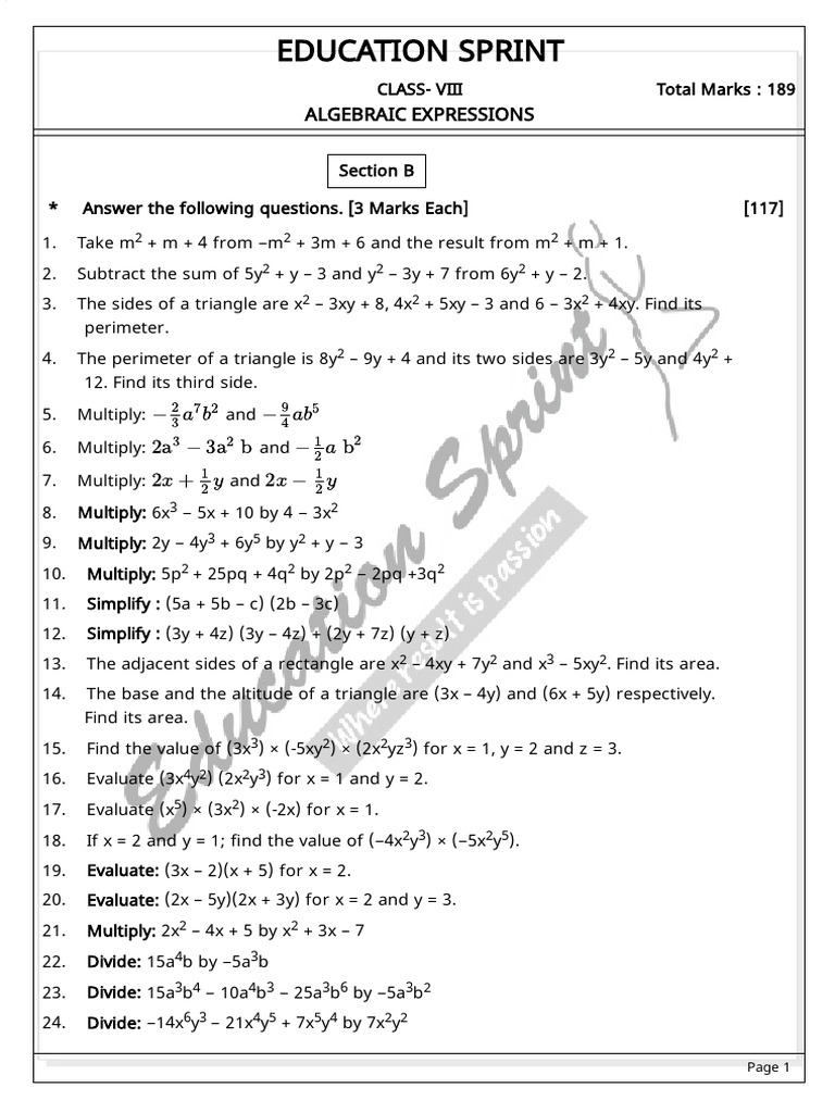 ALGEBRAIC EXPRESSIONS Questions | PDF | Arithmetic | Numerical Analysis