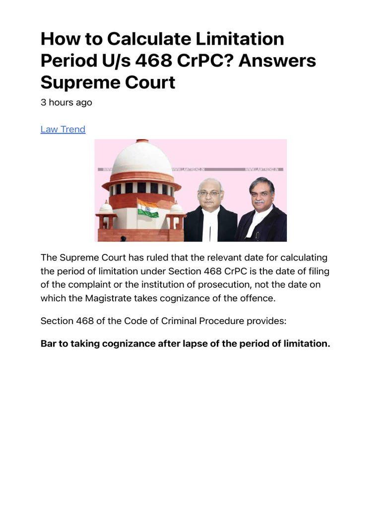 How To Calculate Limitation Period U/S 468 CRPC Answers Supreme Court | PDF | Justice | Crime ...