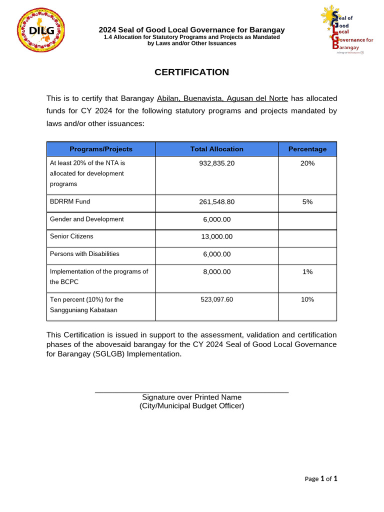 2024 Barangay Statutory Program Allocation | PDF