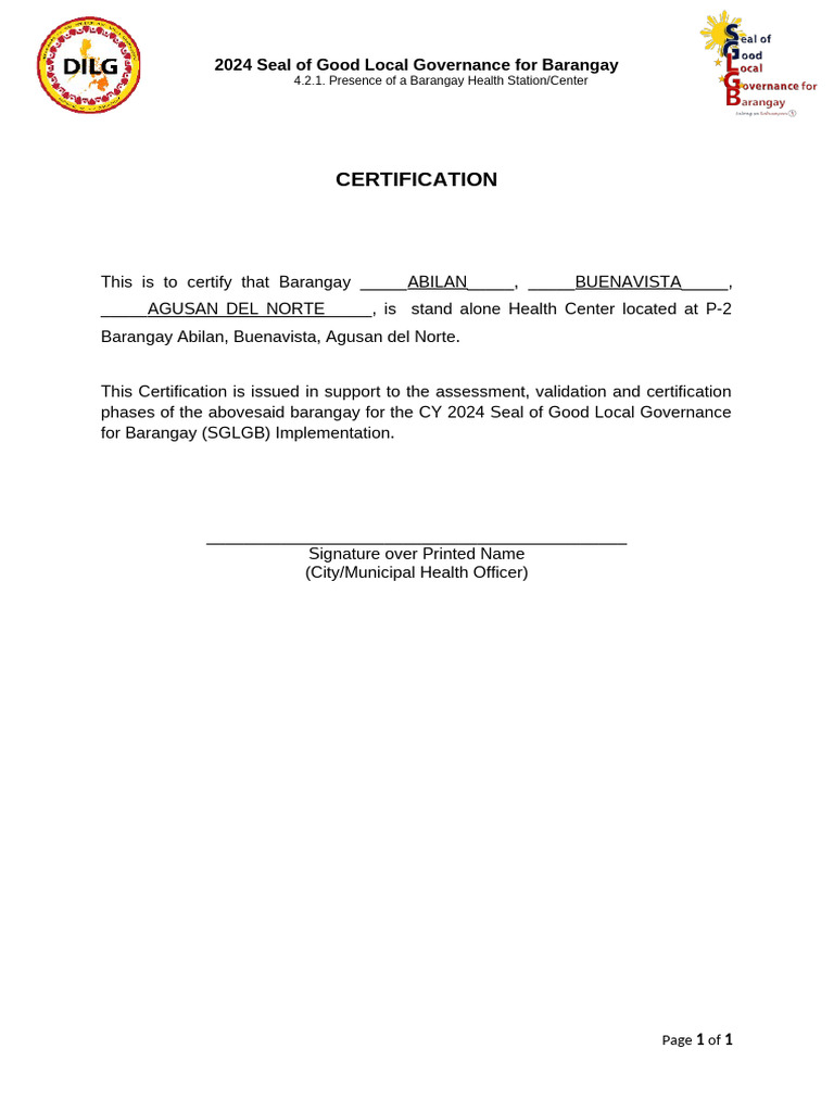 Barangay Health Center Certification 2024 | PDF
