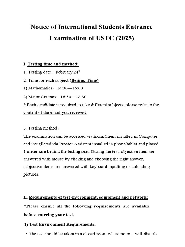 Notice of International Students Entrance Examination of USTC (2025 ...