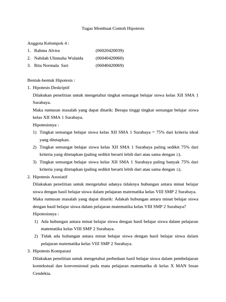 Tugas 4 Membuat Contoh Hipotesis - Kelompok 4 | PDF