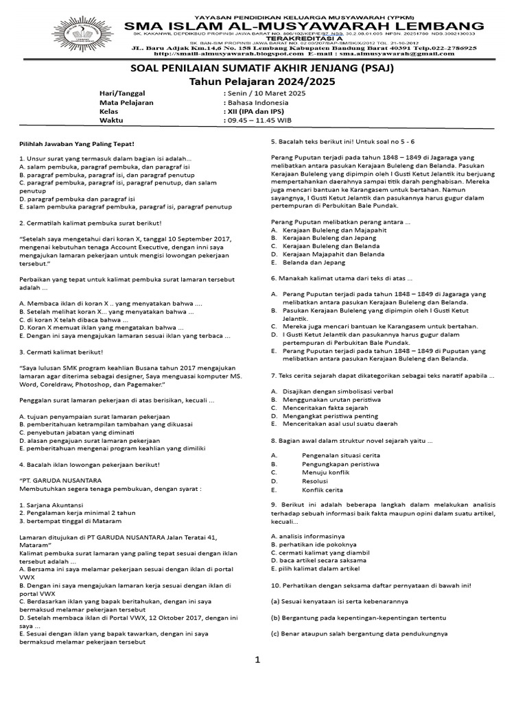 SOAL PSAJ Bhs Indonesia | PDF