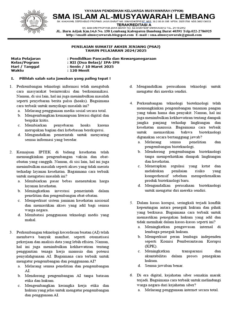 PSAJ Pendidikan Pancasila 2024/2025 | PDF