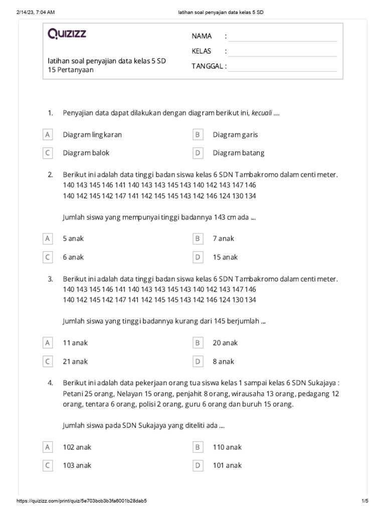 Latihan Soal Penyajian Data Kelas 5 SD | PDF