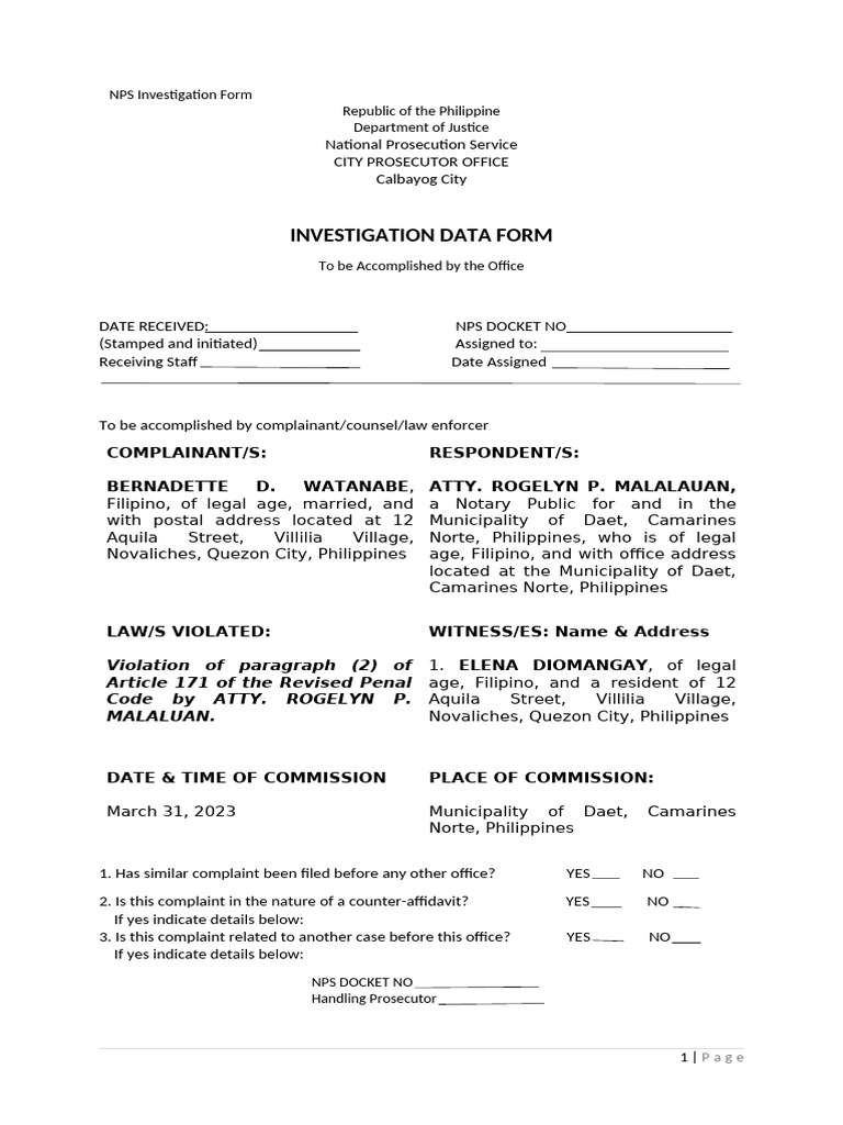 Investigation Data Form Abugado | PDF | Common Law | Justice