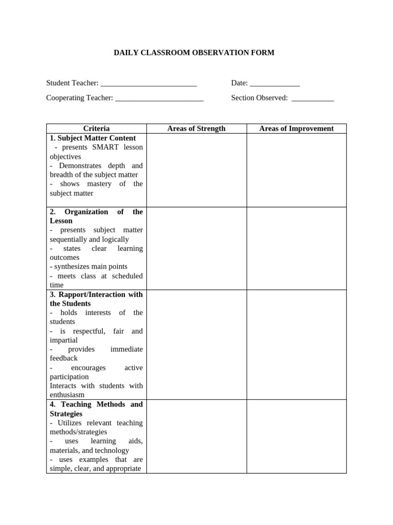 Daily Classroom Observation Form | PDF