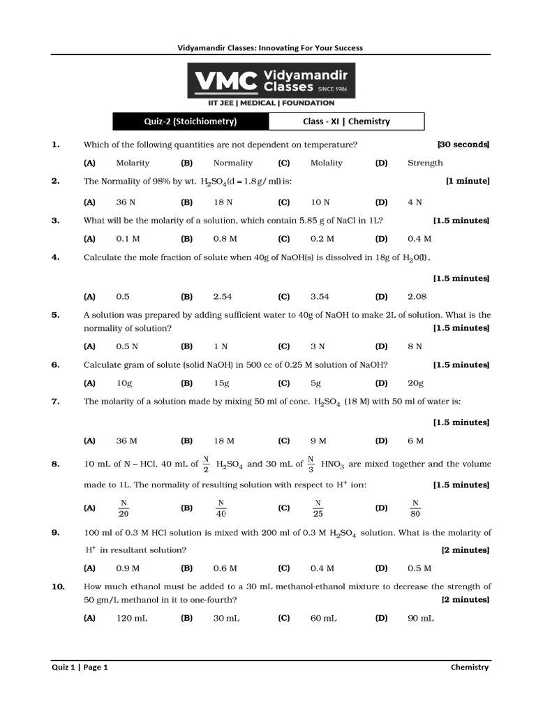 Quiz-2 (Stoichiometry) : Vidyamandir Classes: Innovating For Your ...