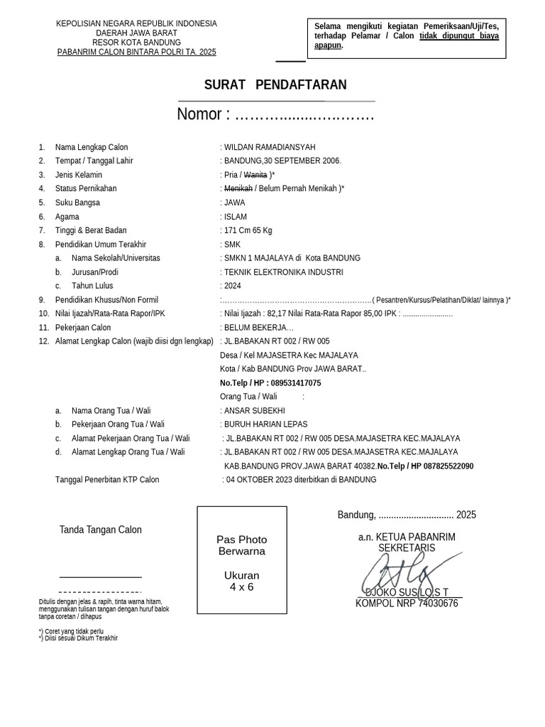Surat Pendaftaran Wildan | PDF