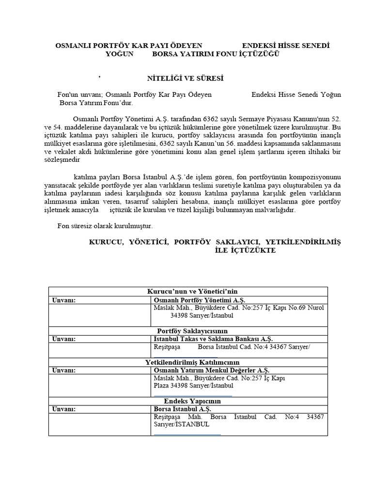 Osmanl - Portföy Kar Pay - Ödeyen BIST GYO Endeksi Hisse Senedi Yogun (TL) Borsa Yat - R - M ...