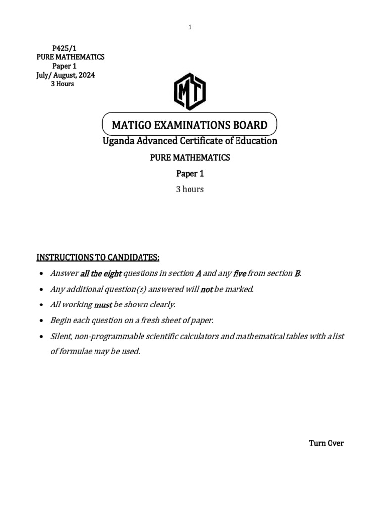 Matigo Mocks 2024 Uace MTC 1 Final | PDF | Ellipse | Mathematics