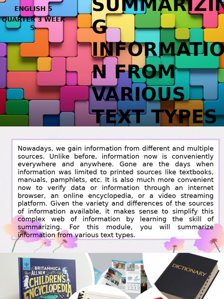 English Q3 Summarizing Information From Various Text Types | PDF