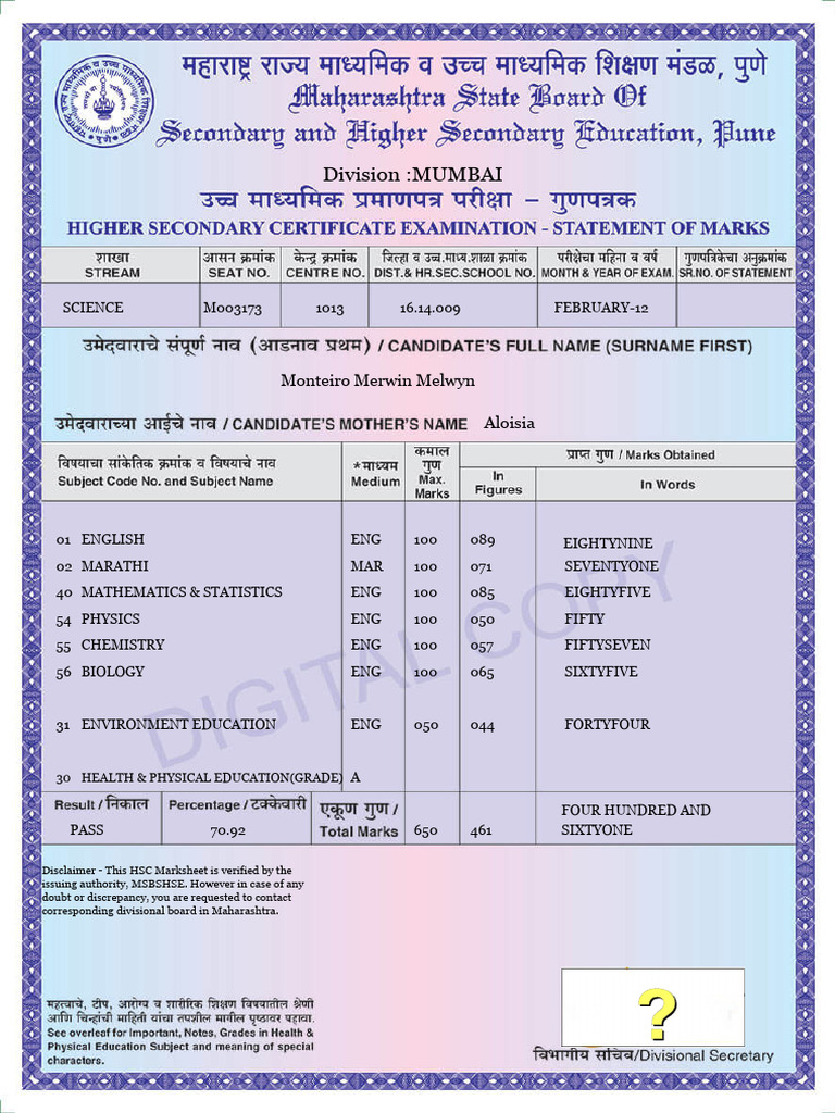 HSC Marksheet Digital | PDF