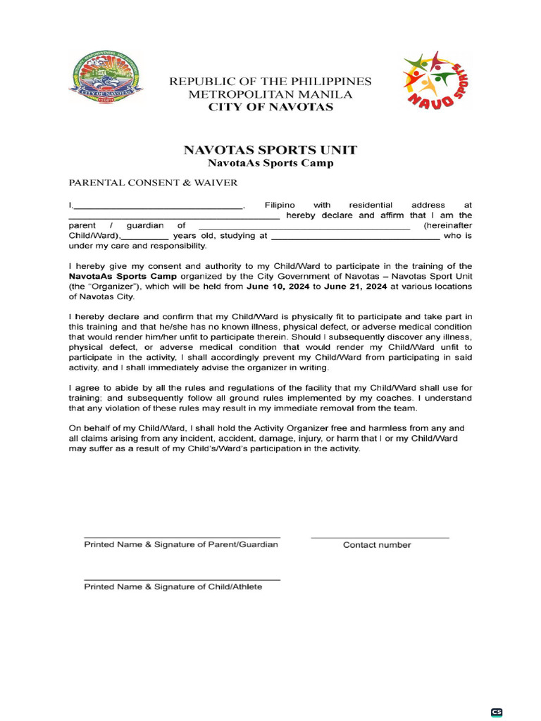 Waiver-Sports Camp-Parental Consent-2024 | PDF