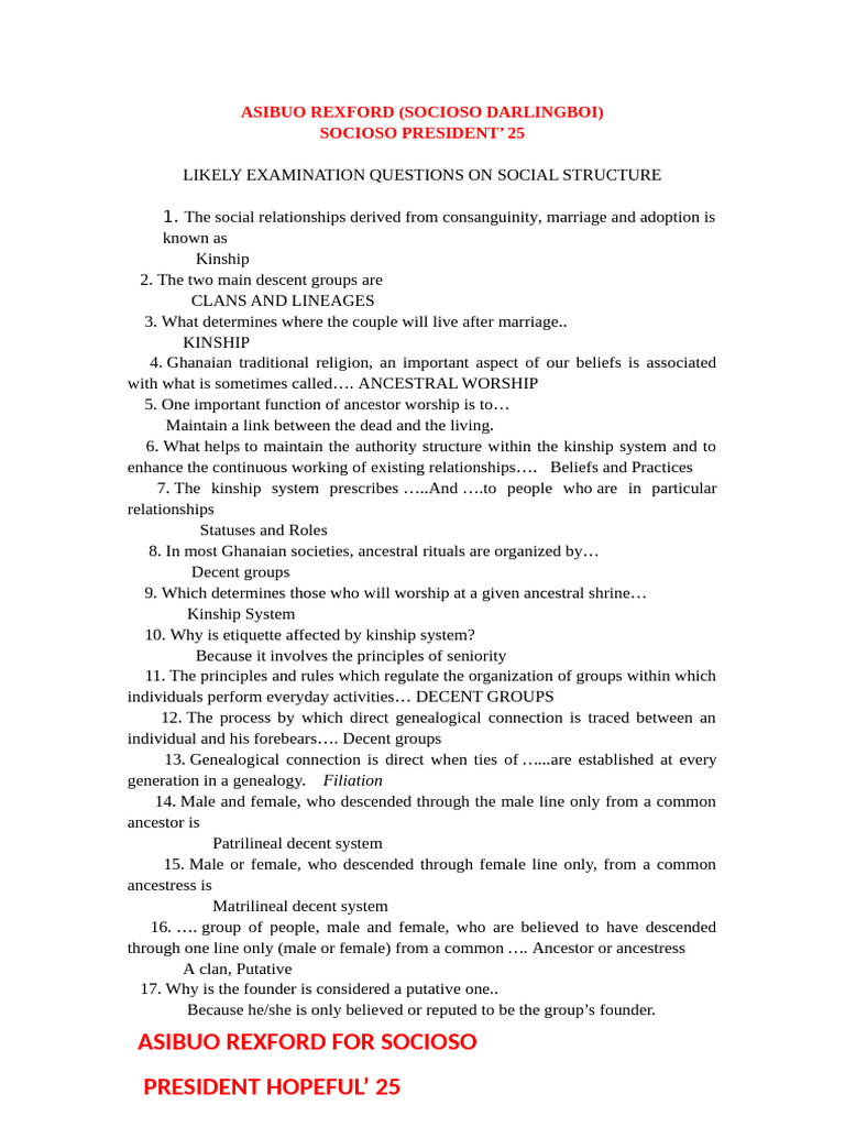 Test Sociology | PDF | Kinship | Family