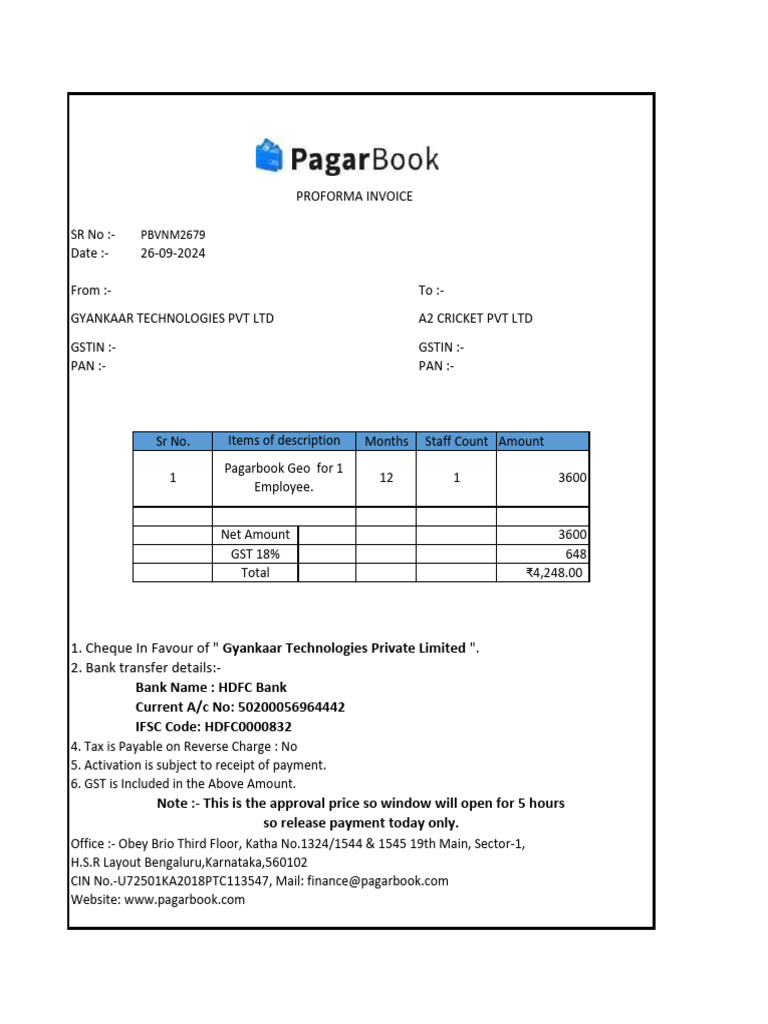 Proforma Invoice for A2 Cricket Pvt Ltd | PDF
