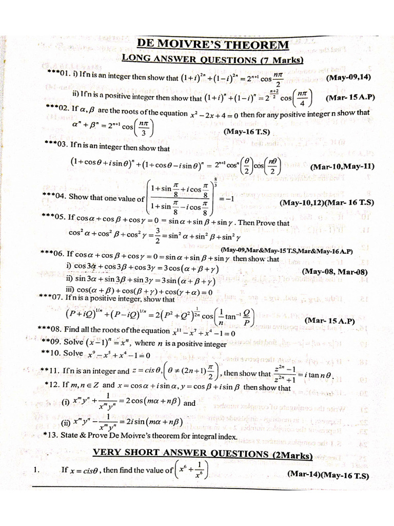 DEMOIVRE'S THEOREM (IPE IMP Q'S) | PDF