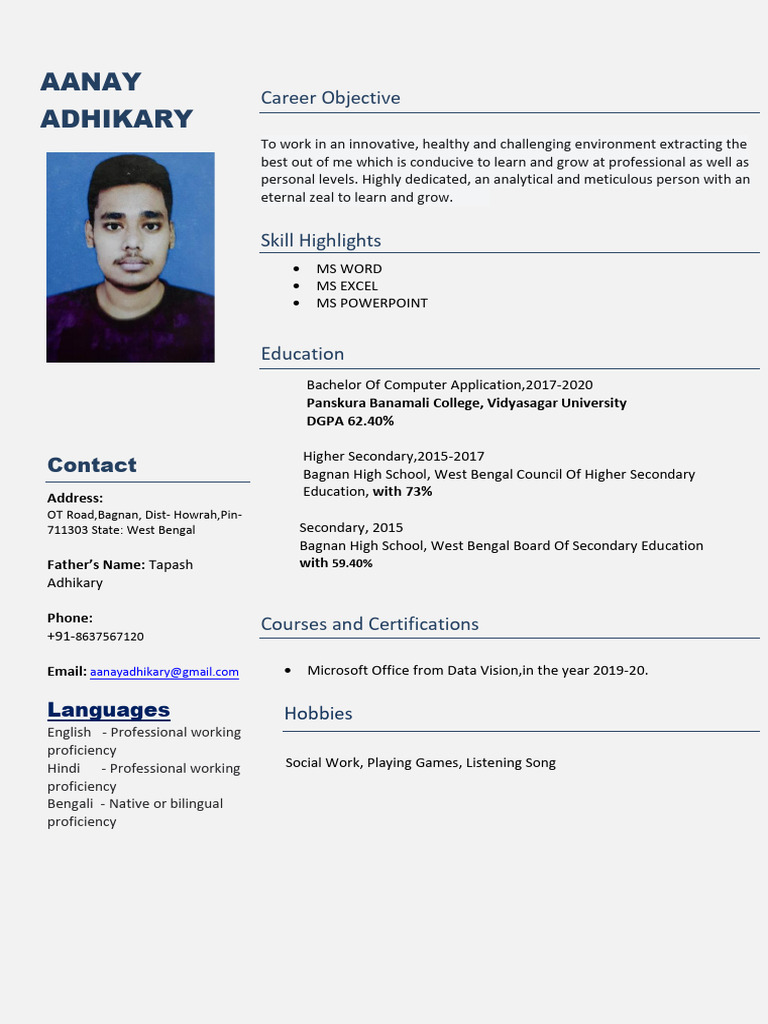 Resume of Aanay Adhikary | PDF