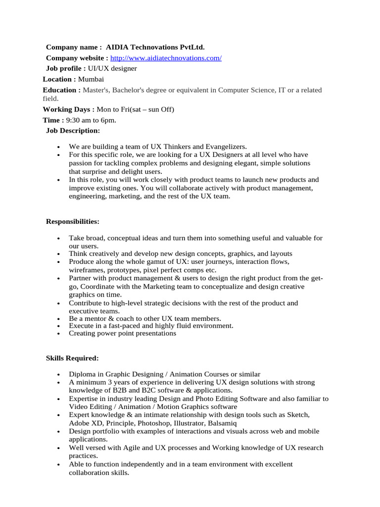 Job Description UIUX Designer. AIDIA Techpdf | PDF | Graphics | Computing