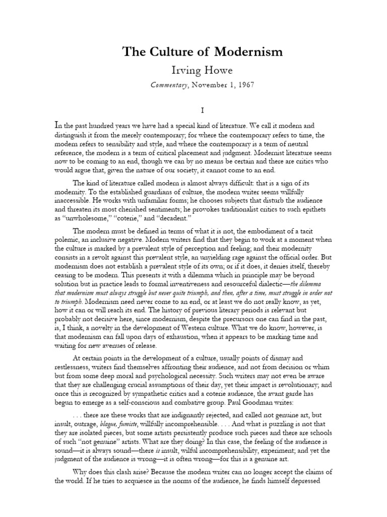 HoweIrving The Culture of Modernism | PDF | Modernism | Literary Modernism
