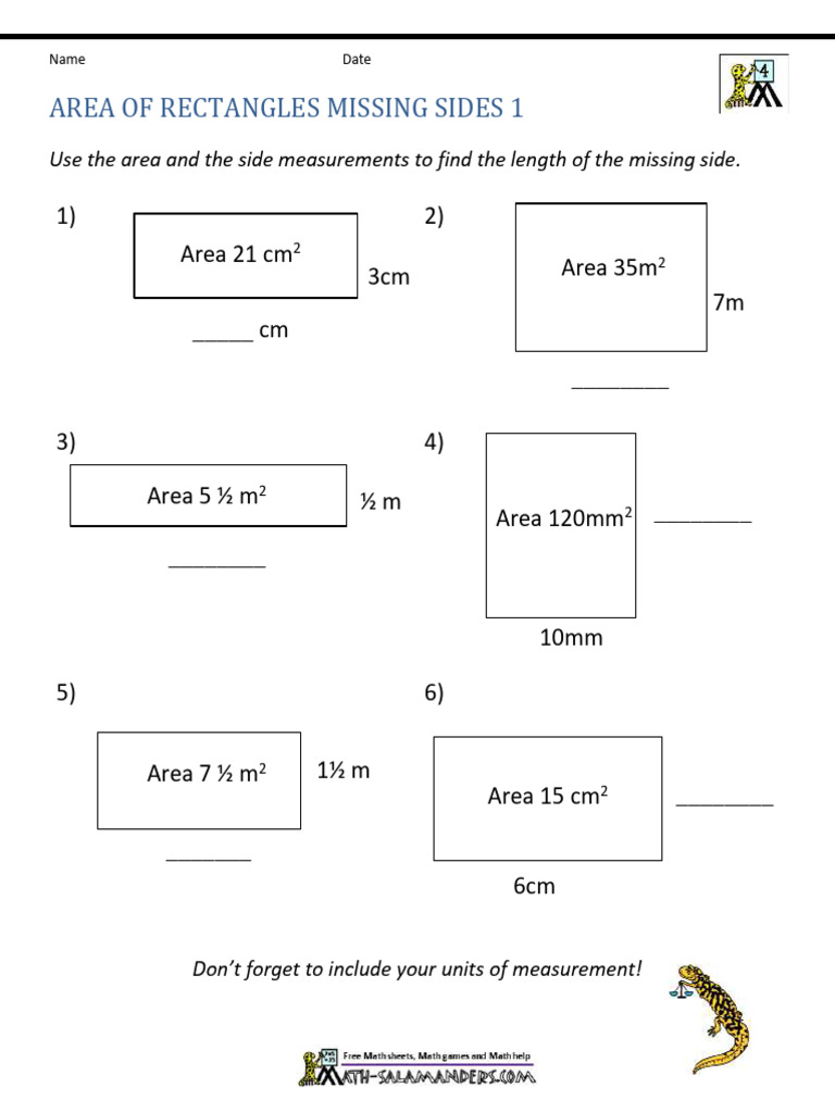 Area of Rectangles Missing Sides 1 | PDF