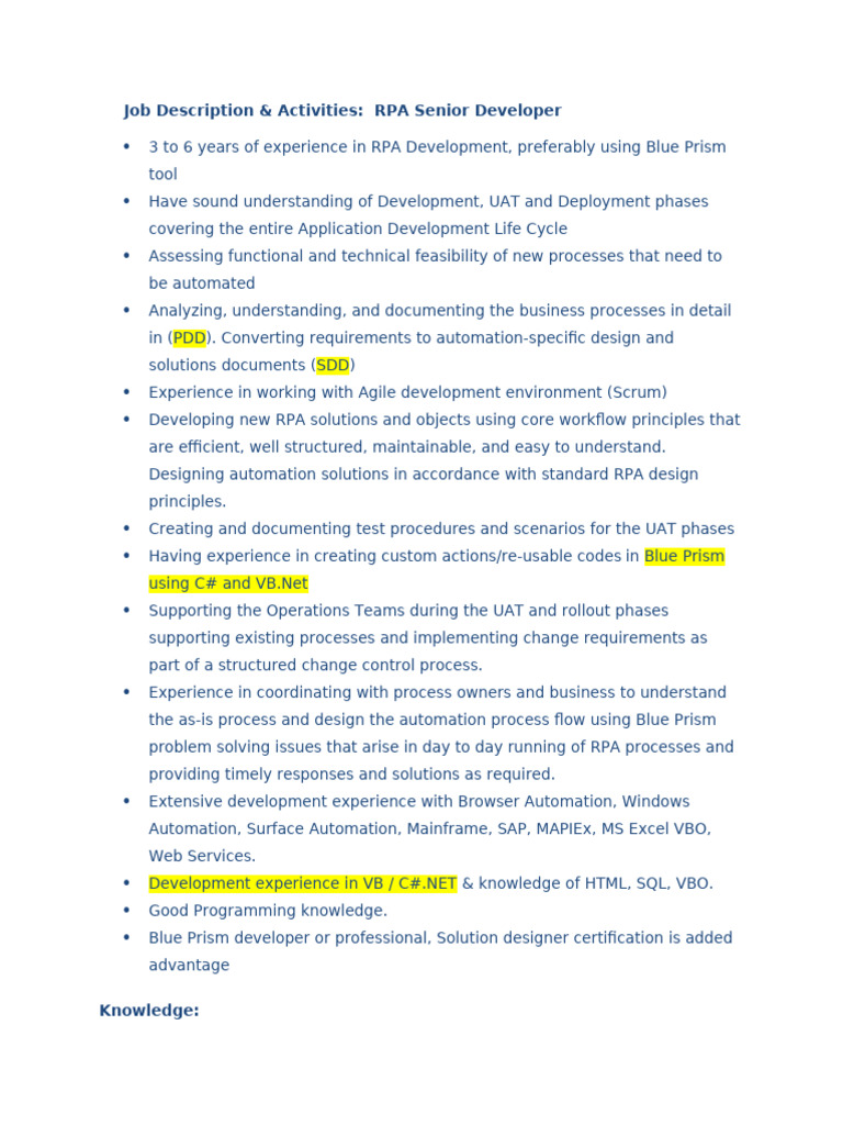 RPA Developer Job Description | PDF | C Sharp (Programming Language ...
