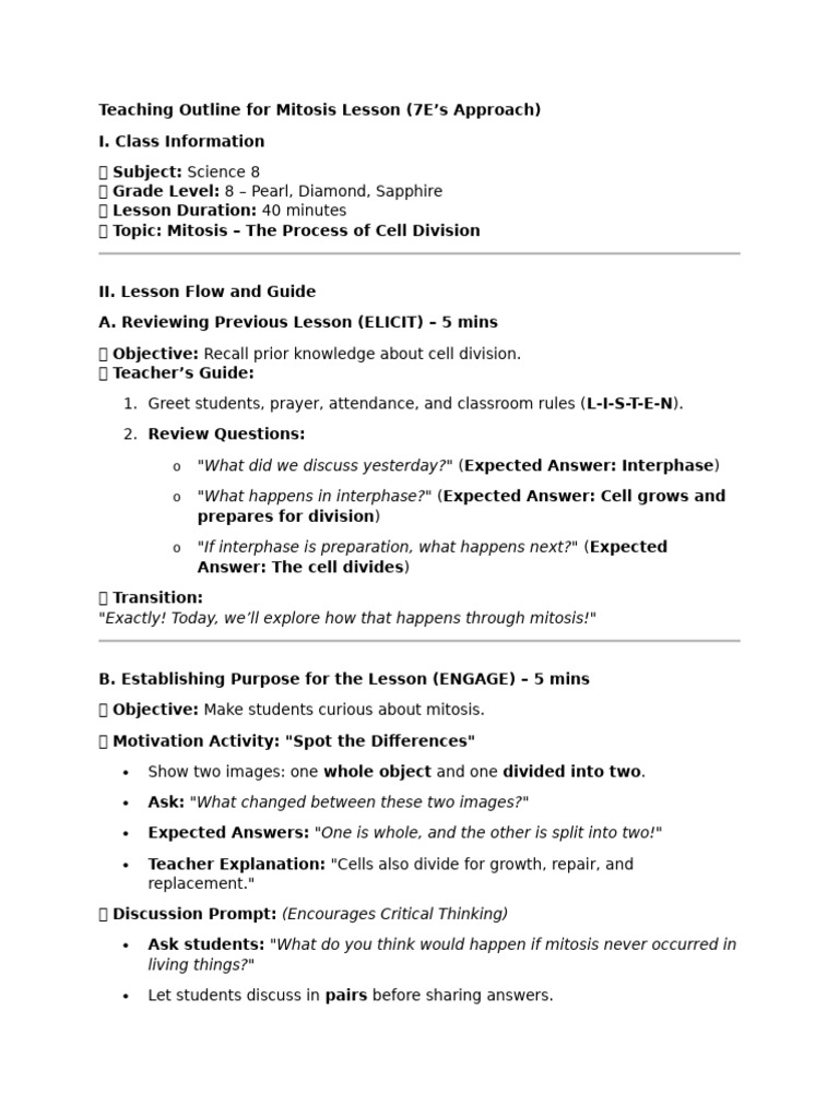Mitosis Lesson Plan for 8th Grade Science | PDF | Mitosis | Meiosis