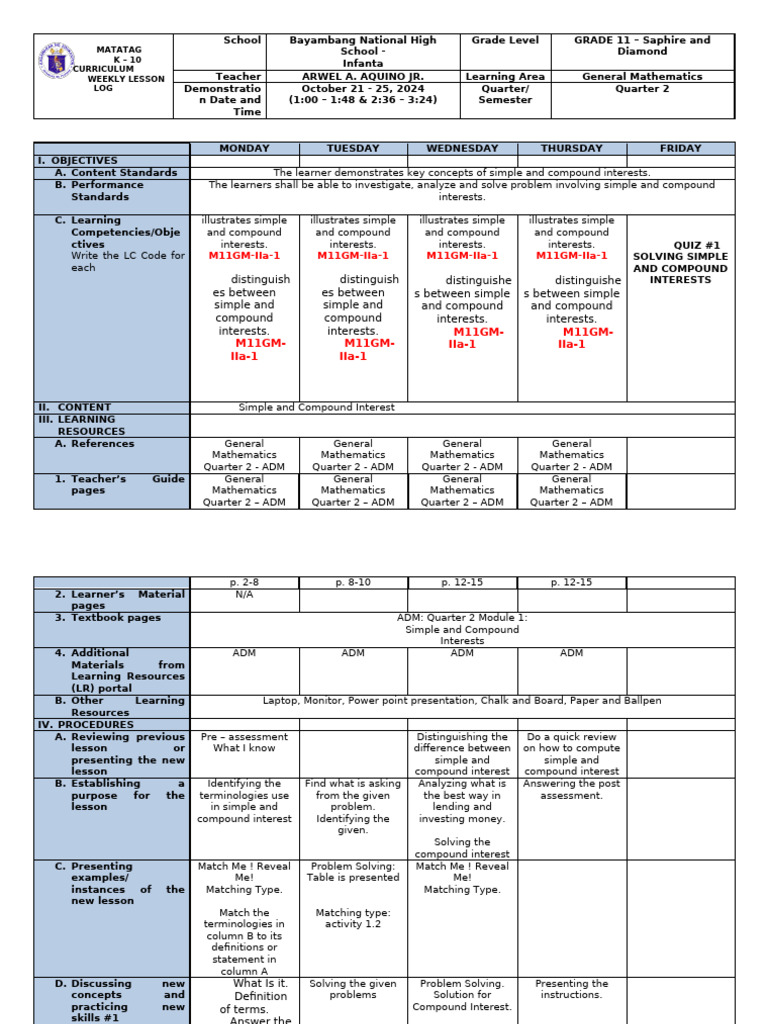 Grade 11 DLL - WEEK 1 | PDF | Learning | Cognition